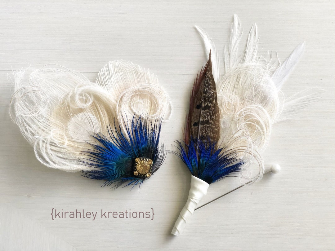 Ivory Peacock Pheasant Feather Boutonniere | Rustic Wedding Lapel Pin ...