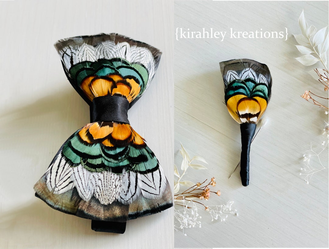 Rustic Gold Feather Bow Tie | Bronze Turkey Feathers, Emerald Green ...