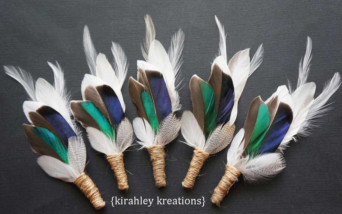 Green Teal Duck Mallard Feather Boutonniere | Rustic Woodland Wedding ...