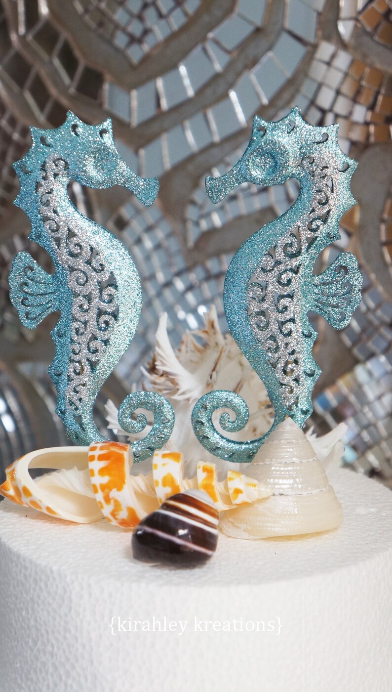 Seahorse Cake Topper | Beach Wedding | Teal Blue & Silver Seahorses ...