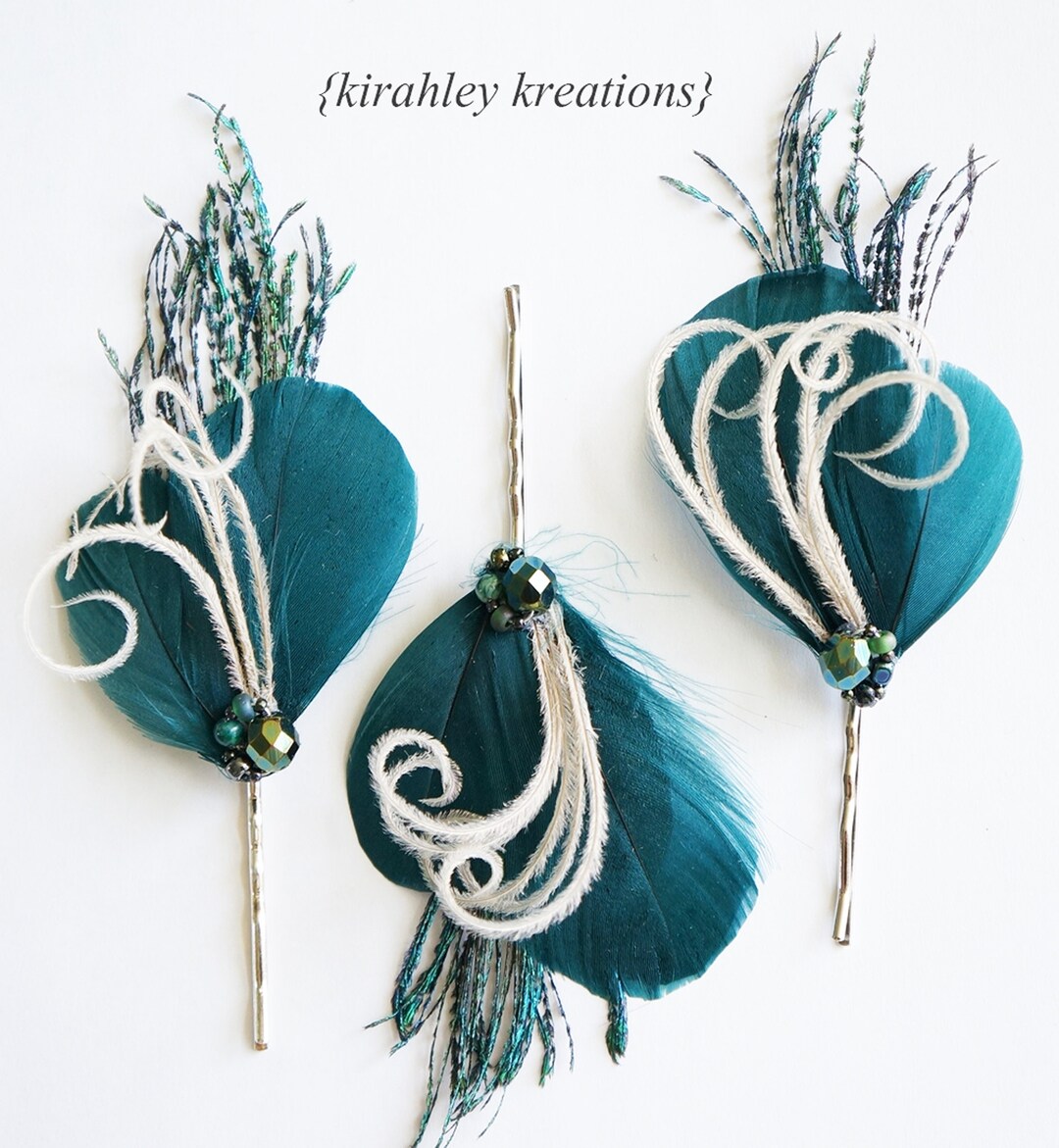 Dark Teal Feather Bobby Hair Pin | Emerald Peacock Sword, Ivory Herl ...