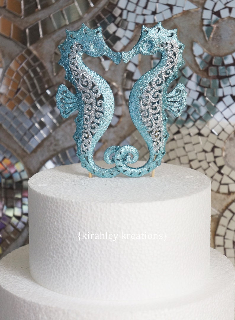 Seahorse Cake Topper | Beach Wedding | Teal Blue & Silver Seahorses ...