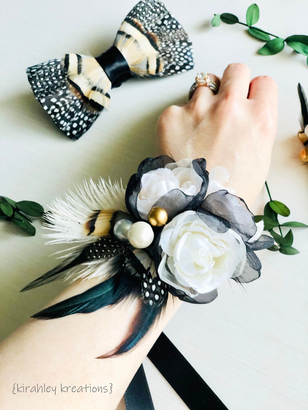 Black Gold Wrist Corsage | Ivory Rose Wristlet | Berry Boutonniere ...