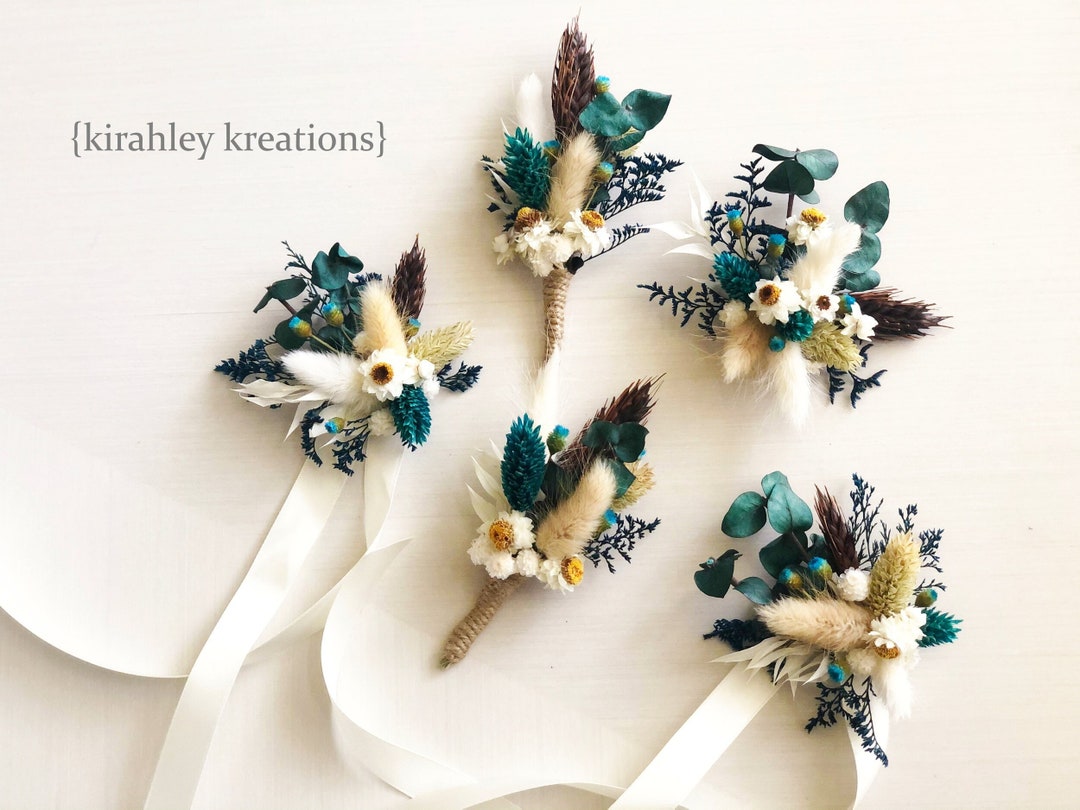 Teal Dried Flower Groom Boutonniere | Boho Wedding | Ivory Pampas Grass, Thistle, Eucalyptus ...