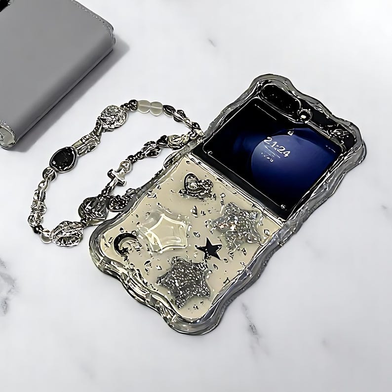 Phone Case for Galaxy Flip | Korean 3D Glitter Star Clear Phone Case ...