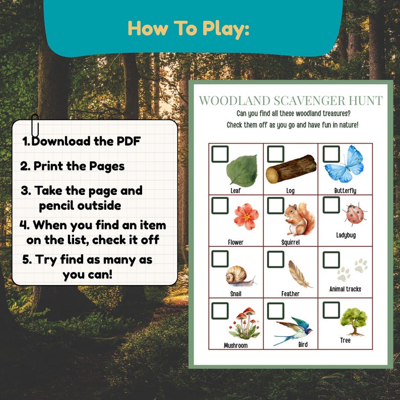 Woodland Scavenger Hunt: Printable Nature Activity for Kids (PDF ...