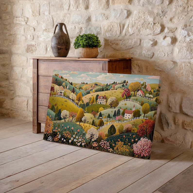 Cottagecore Landscape Wall Art, Folk Art Village Canvas, Colorful ...
