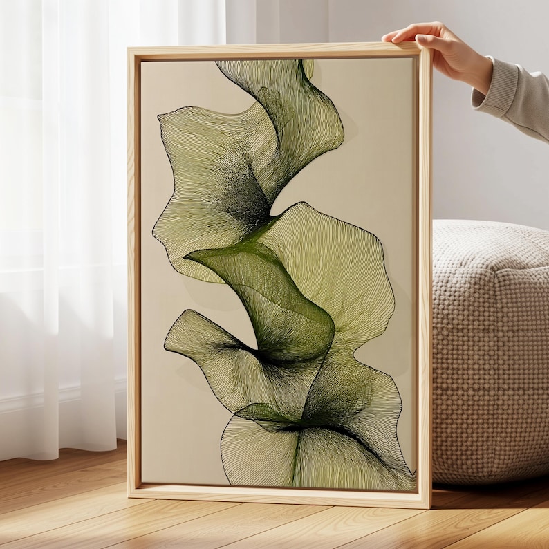 Abstract Green Line Canvas Wall Art, Modern Flowing Wave Print ...