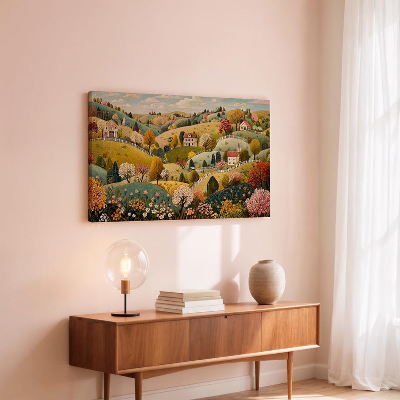 Cottagecore Landscape Wall Art, Folk Art Village Canvas, Colorful ...