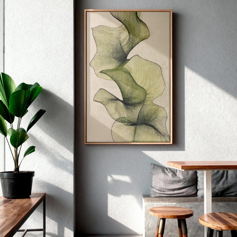 Abstract Green Line Canvas Wall Art, Modern Flowing Wave Print ...