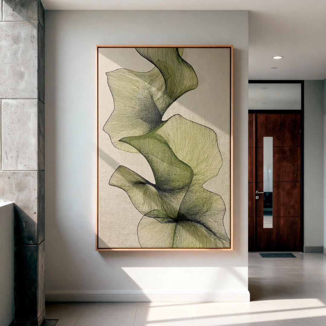 Abstract Green Line Canvas Wall Art, Modern Flowing Wave Print ...