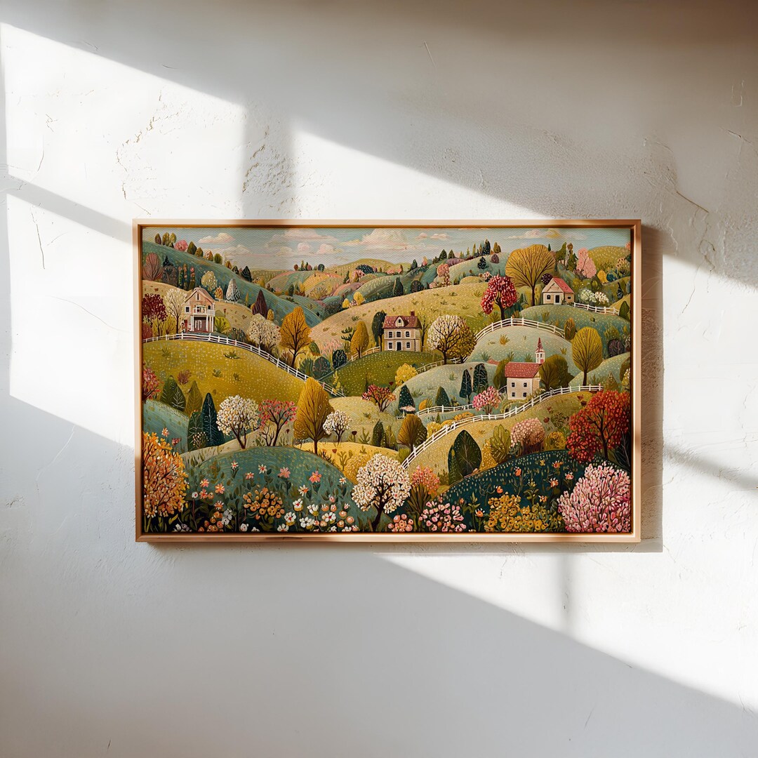 Cottagecore Landscape Wall Art, Folk Art Village Canvas, Colorful ...
