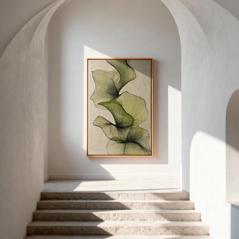 Abstract Green Line Canvas Wall Art, Modern Flowing Wave Print ...