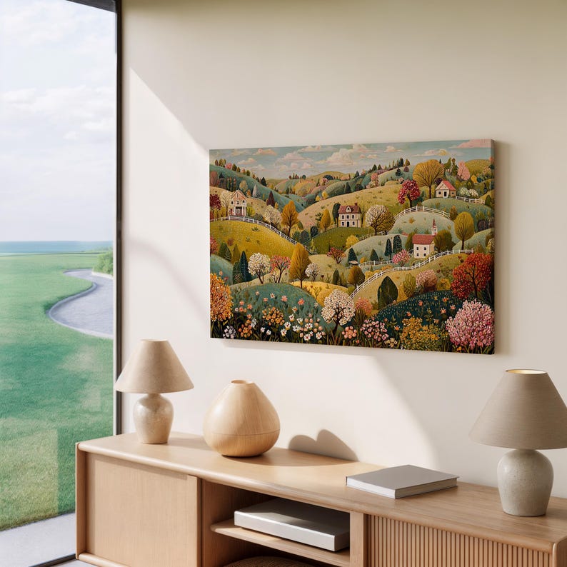 Cottagecore Landscape Wall Art, Folk Art Village Canvas, Colorful ...
