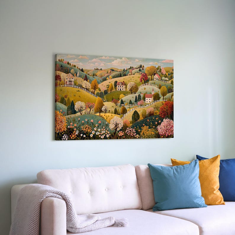 Cottagecore Landscape Wall Art, Folk Art Village Canvas, Colorful ...