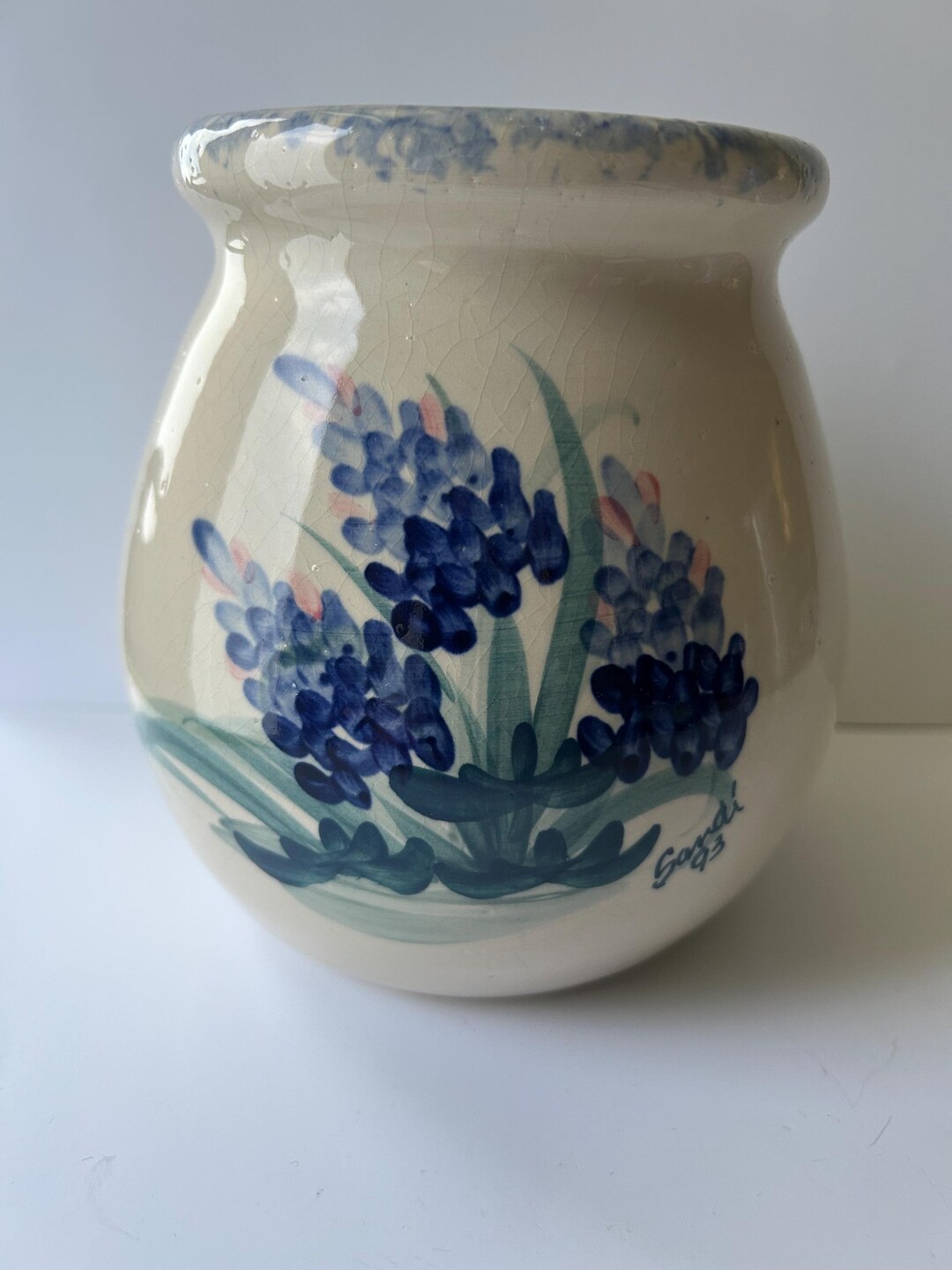 1993 Ellis Prod Pottery Folk Art Hand Painted Vase in Bluebonnets ...