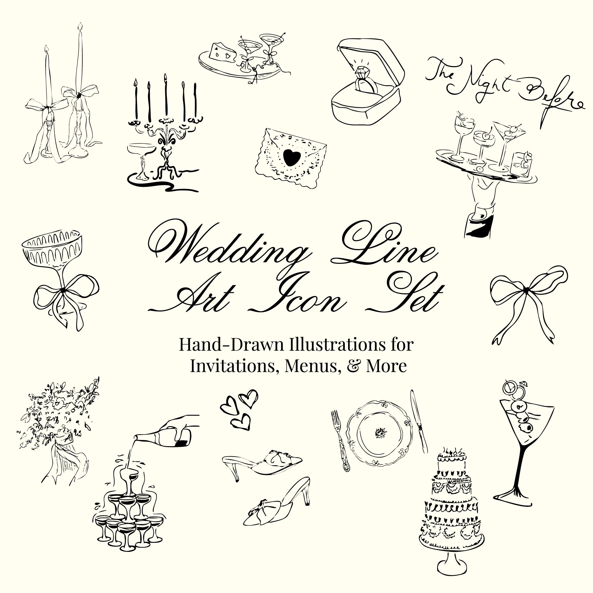 Wedding Line Art Icon Set – Hand-drawn Illustrations for Invitations ...