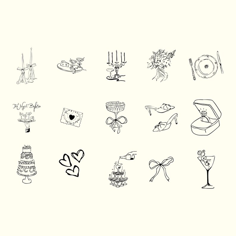 Wedding Line Art Icon Set – Hand-drawn Illustrations for Invitations ...