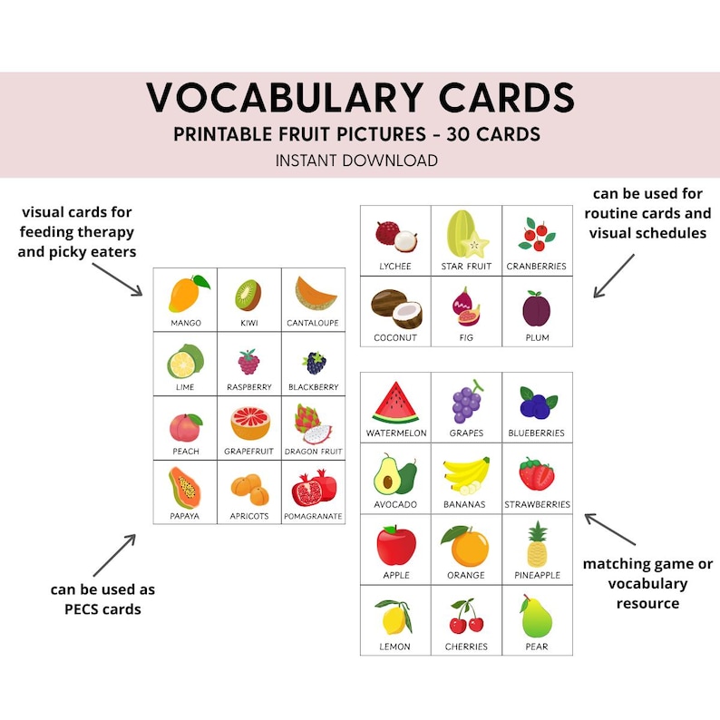 Fruit Vocabulary Picture Cards, Printable Flashcards, No Prep Therapy ...