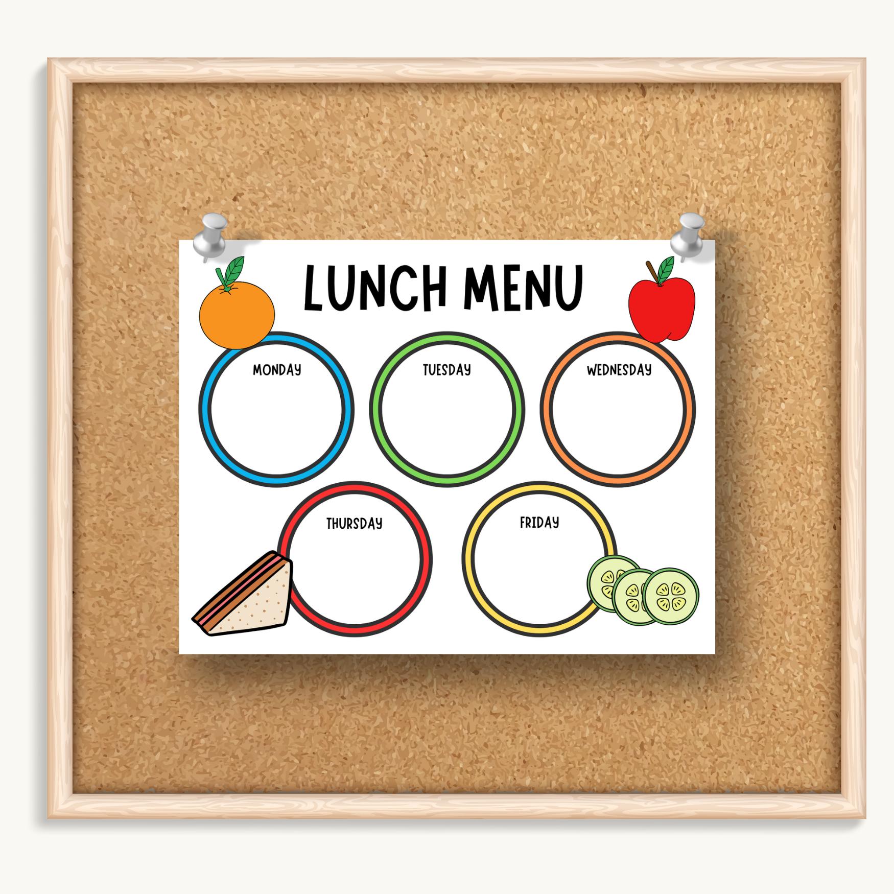 Printable Back to School Lunch Menu for Kids, Weekly Lunch Planner ...