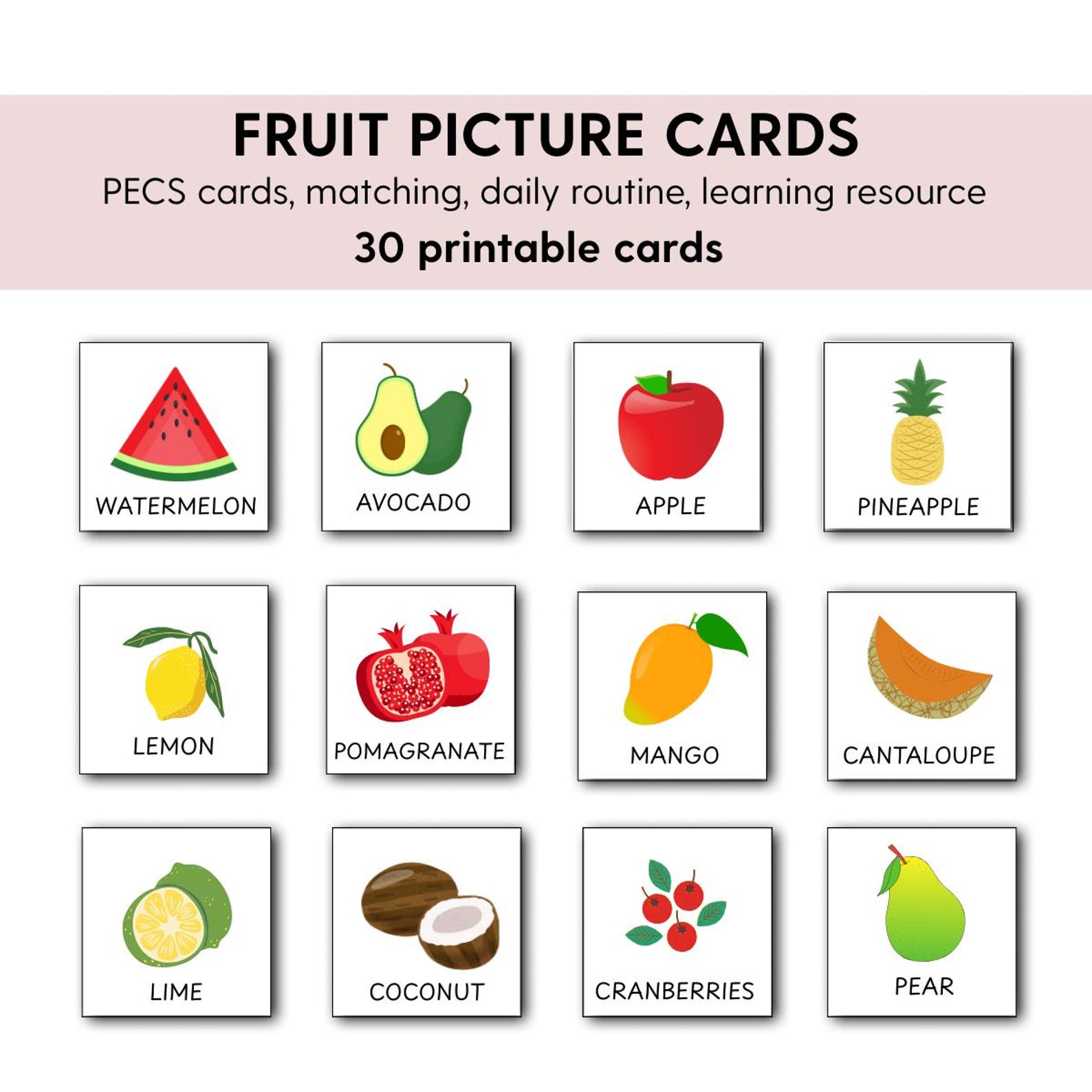 Fruit Vocabulary Picture Cards, Printable Flashcards, No Prep Therapy ...