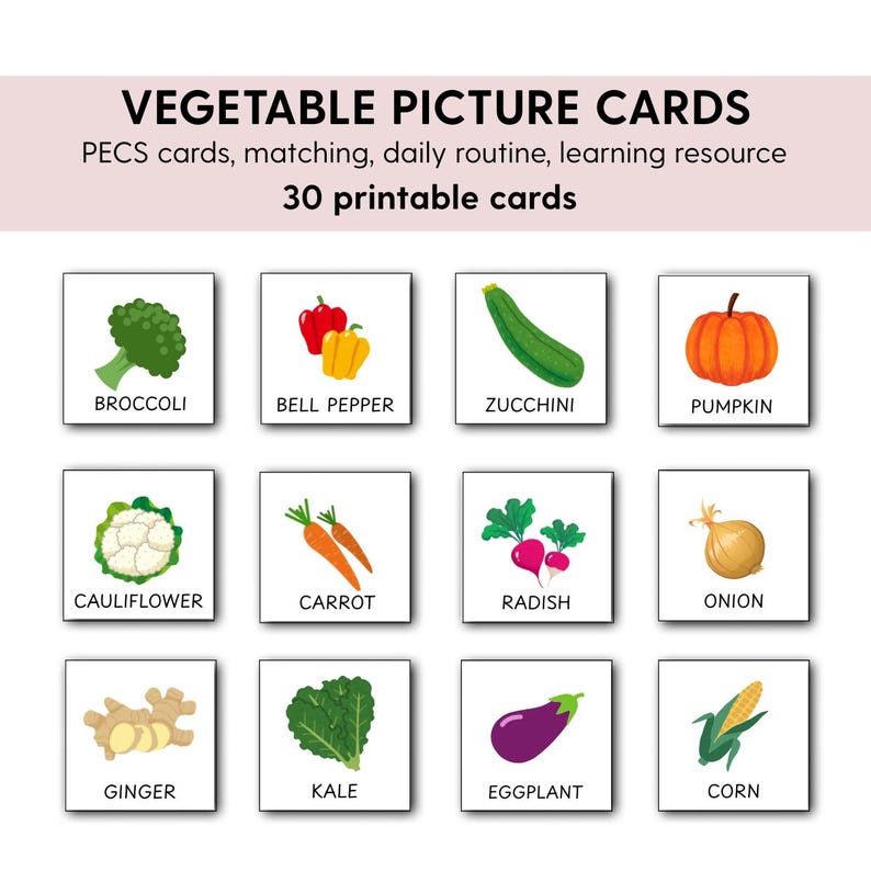 Vegetable Picture Cards, PECS Cards, Vocabulary Cards, No Prep Therapy ...