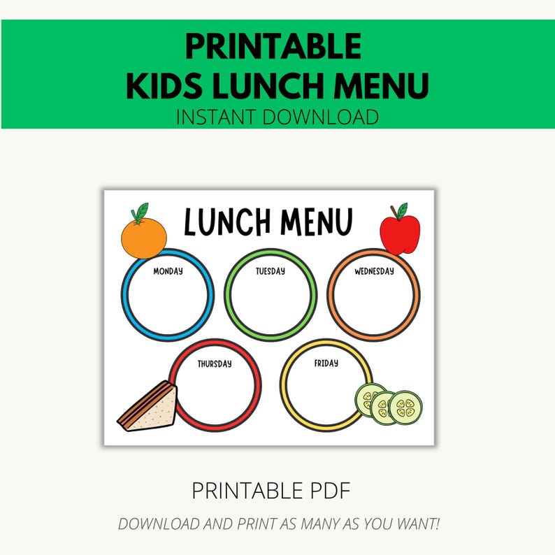 Printable Back to School Lunch Menu for Kids, Weekly Lunch Planner ...