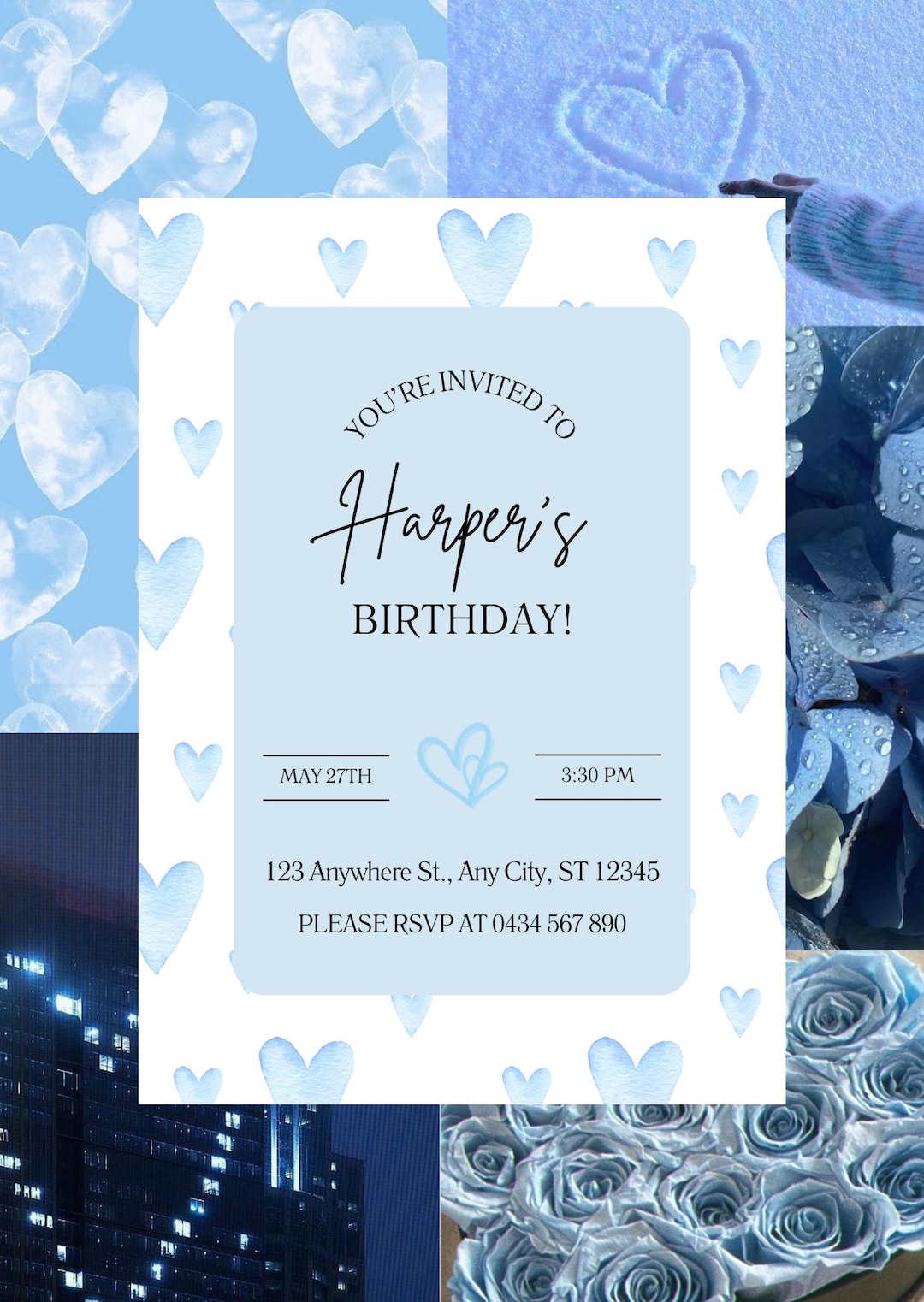 Blue Heart Birthday Invitation L Editable Canva Template L Instant ...