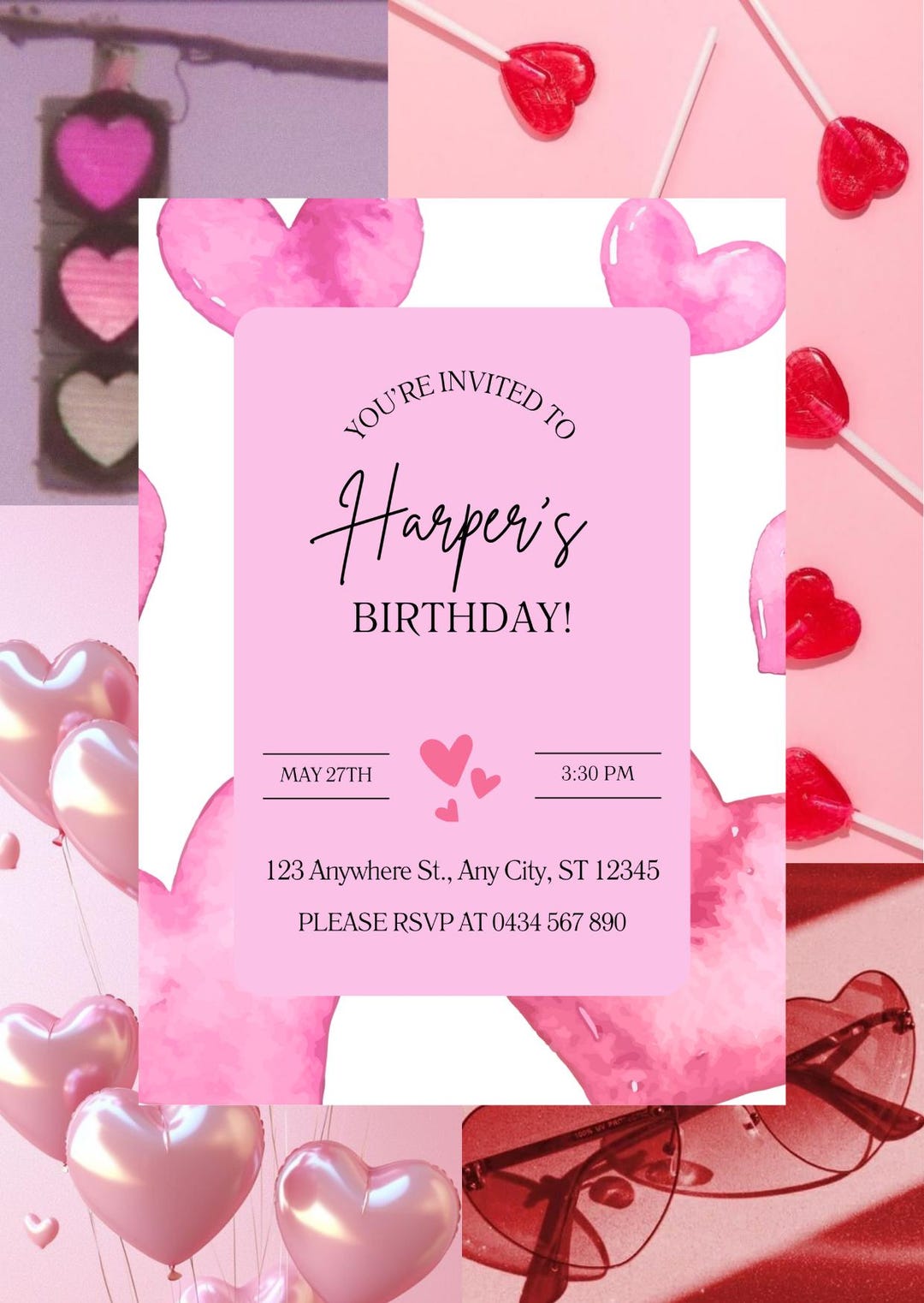 Pink Heart Birthday Invitation L Editable Canva Template L Instant ...