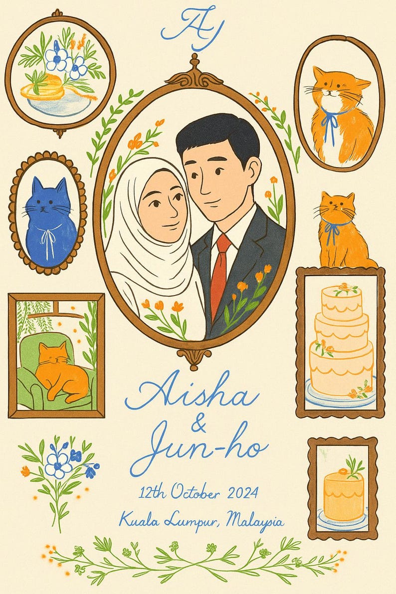 Custom Cartoon Couple Wedding Invitation: Vintage Floral Portrait ...