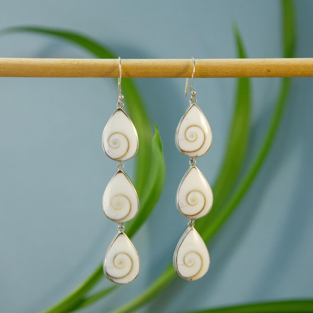 Long Eye of Shiva Shell Earrings ~ Three Tier Teardrops Set in Sterling ...