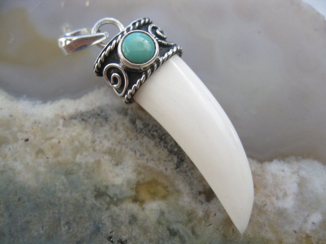Small Carved Bone Pendant With Stone Accents~ 925 Sterling Silver Tooth ...