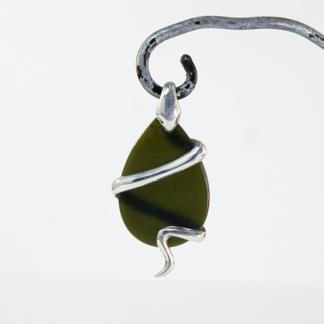 Jade Snake Pendant ~ Flat Teardrop Jade Slice Held by a Curling Snake ...