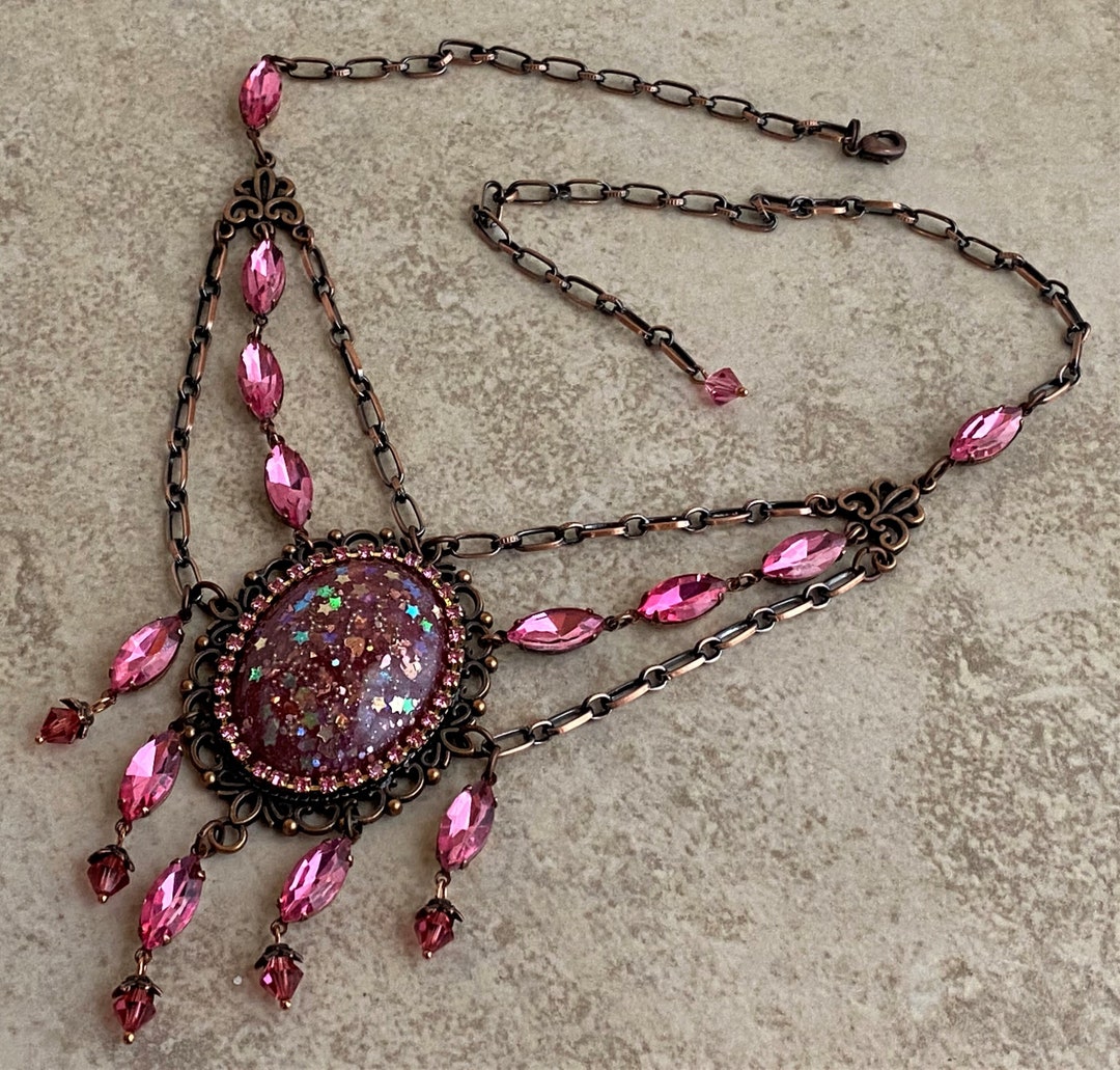 Ornate Czech Style Collar in Antique Copper and Bright Pink - Etsy