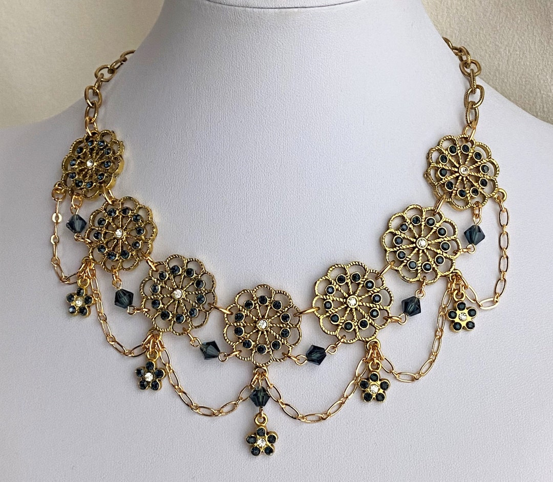 Czech Style "ferris Wheel" Festoon Choker in Gold With Montana Blue ...