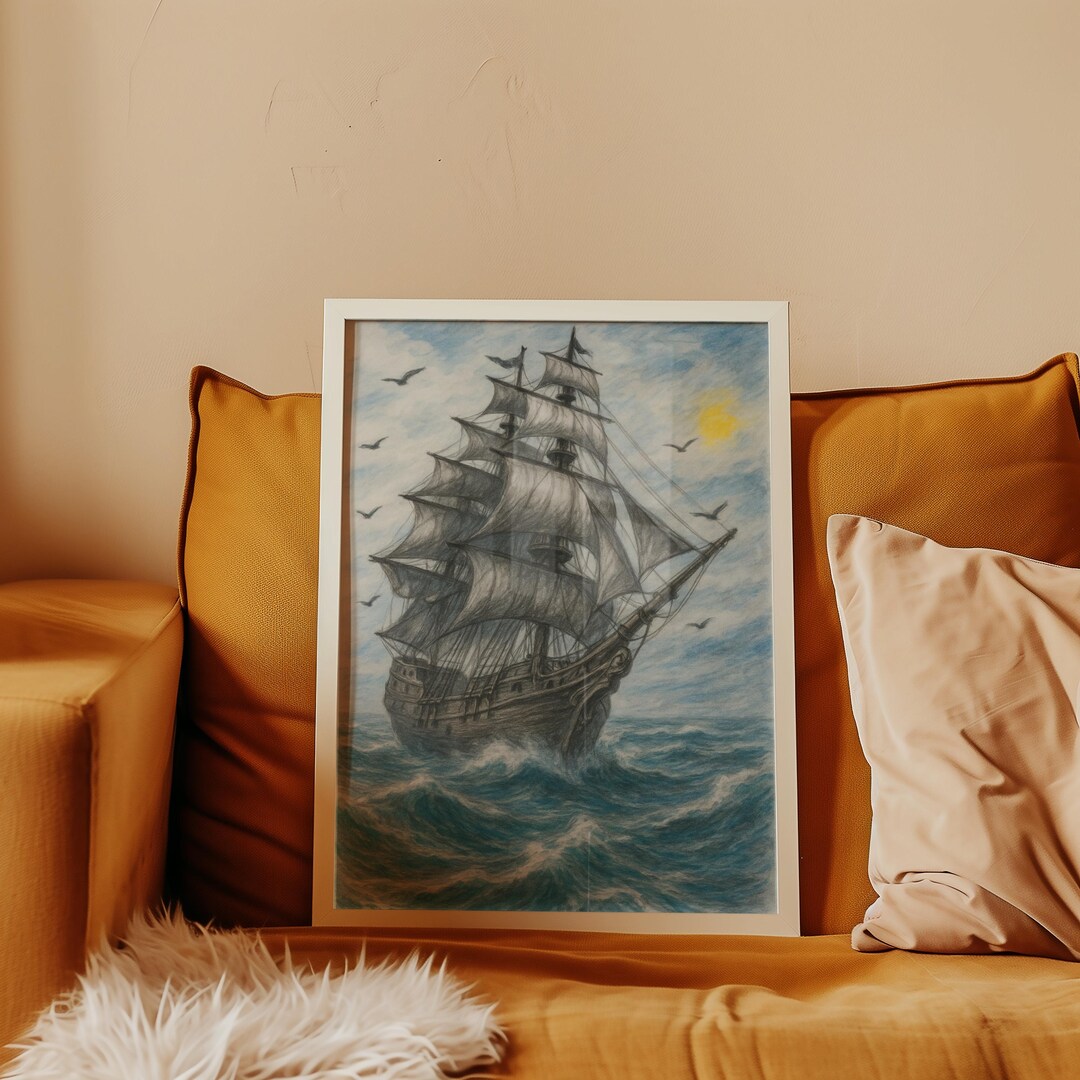 Three-masted Sailing Ship Pencil Sketch, Nautical Wall Art, Vintage ...