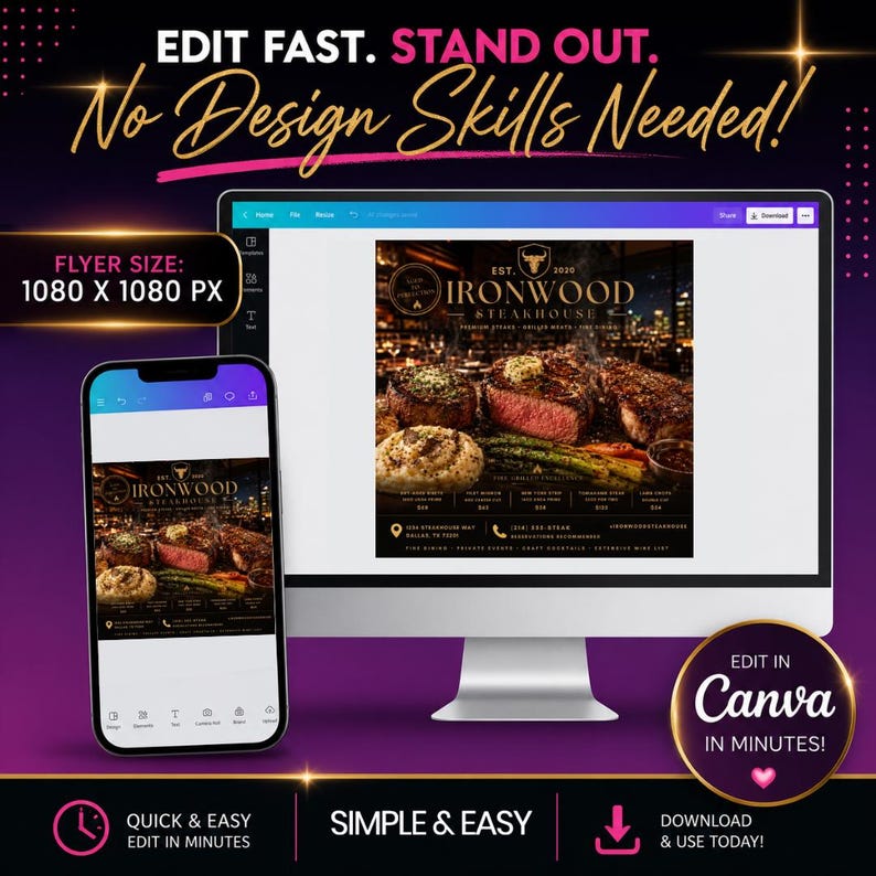 Steakhouse Flyer Template Canva Editable | Luxury Grill Restaurant ...