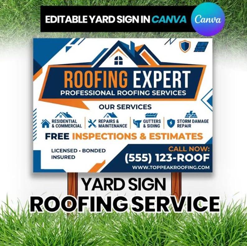 Roofing Yard Sign Template, Roofing Contractor Sign, Roof Repair Yard ...