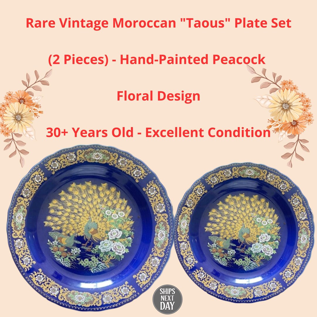 Vintage Moroccan Taous Plates – Set of 2 Hand-painted Ceramics – 30 ...