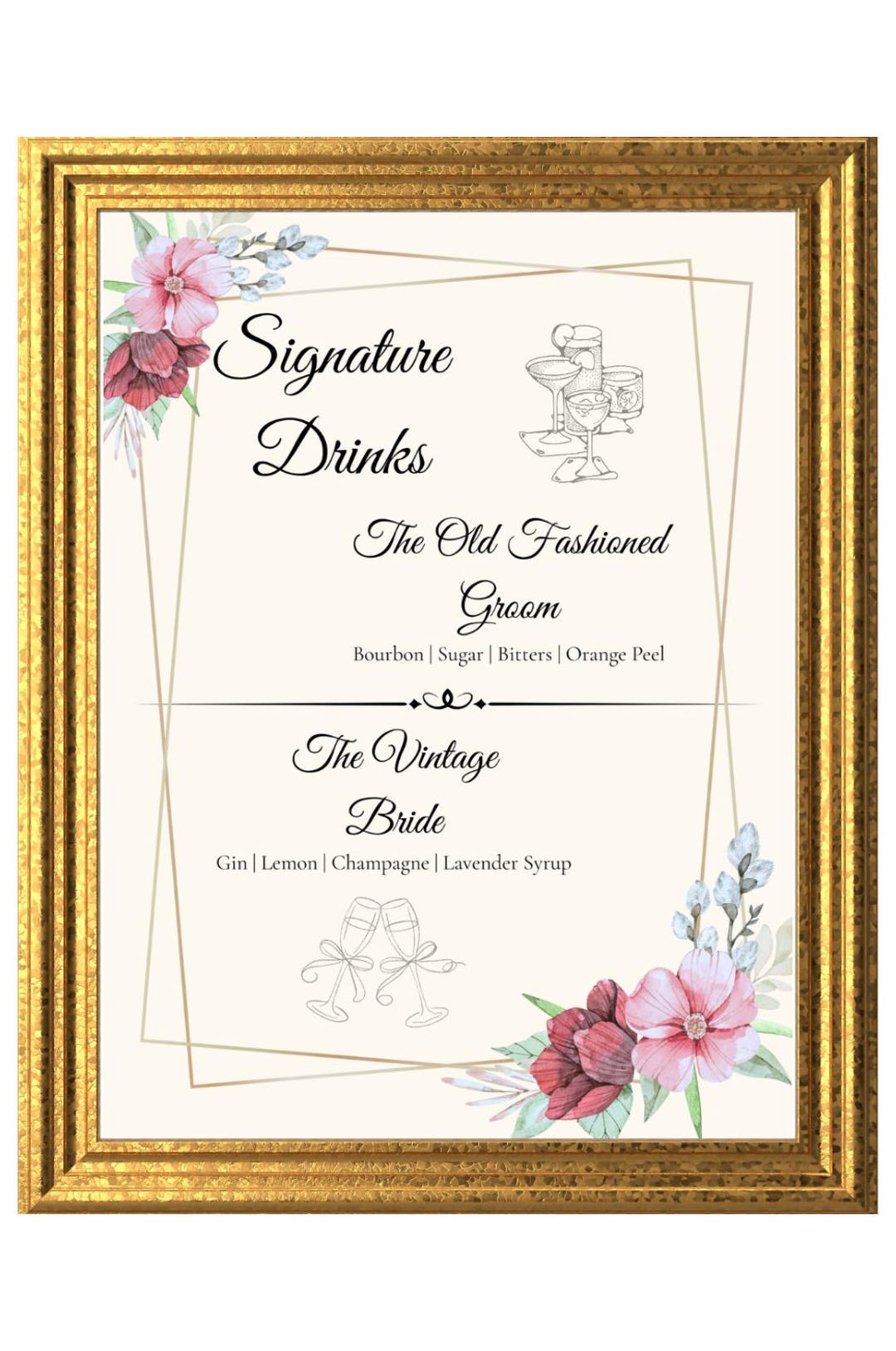 Editable Signature Drink Menu Template | Vintage Floral Wedding Bar ...