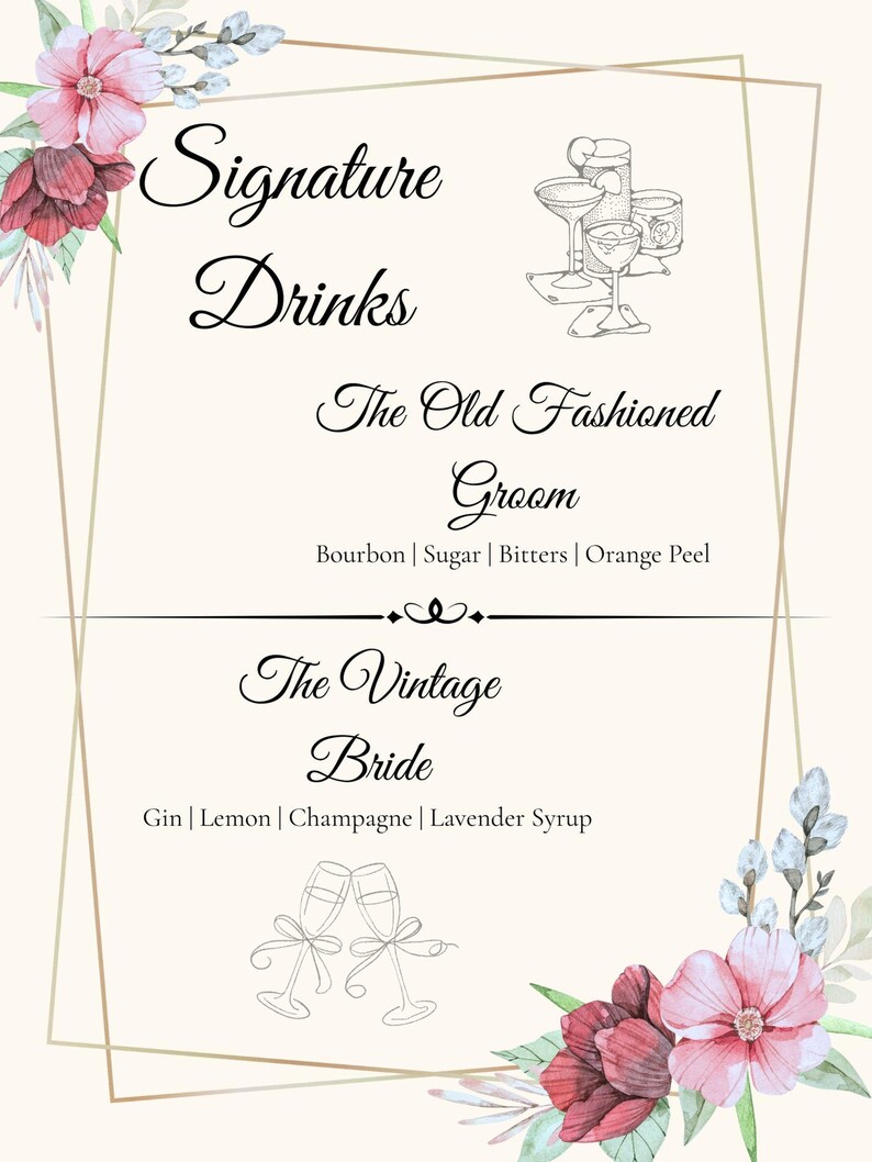 Editable Signature Drink Menu Template | Vintage Floral Wedding Bar ...
