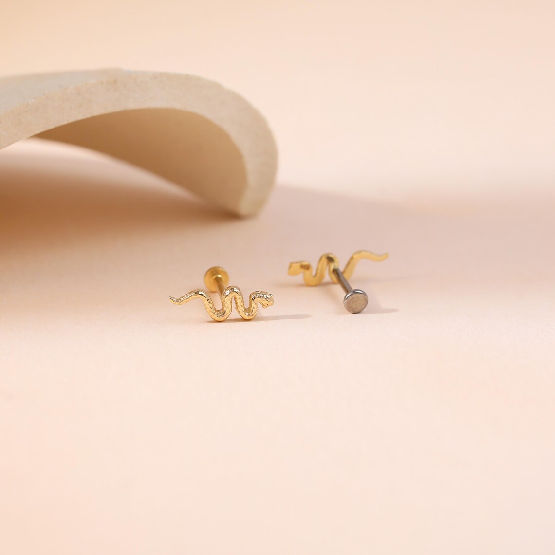 14K Solid Gold Snake Shape Piercing/serpent Textured Lobe Stud/helix ...