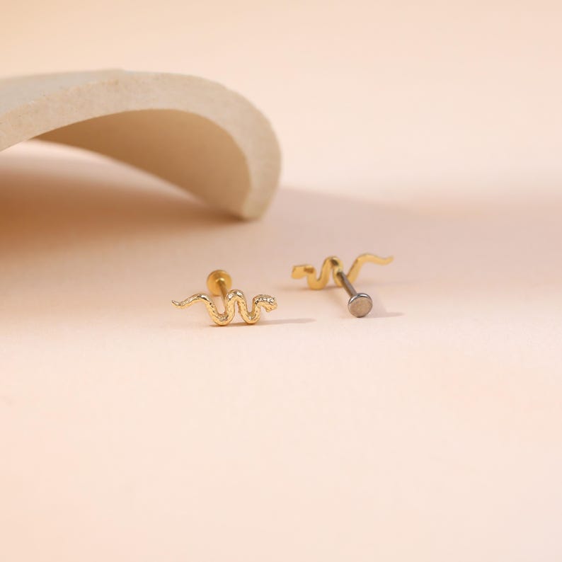 14K Solid Gold Snake Shape Piercing/serpent Textured Lobe Stud/helix ...