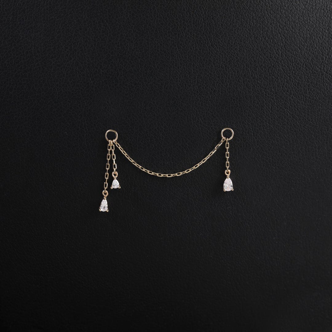14K Solid Gold Dangle Teardrop Chain: Clear CZ Multi Layer Cartilage ...