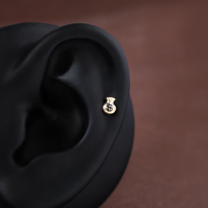 14K Solid Gold Money Bag Stud Earring/dollar Sign Threadless Push Pin ...