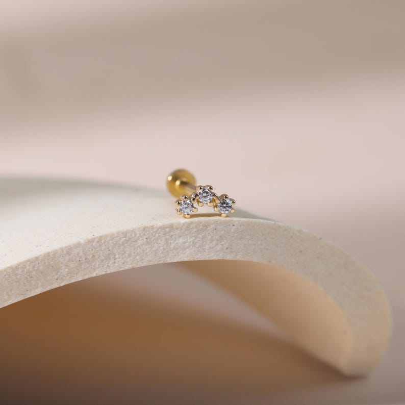 14K Solid Gold Tiny Three Dot Climber Helix Stud/clear CZ Cartilage Flat Back/threadless End ...