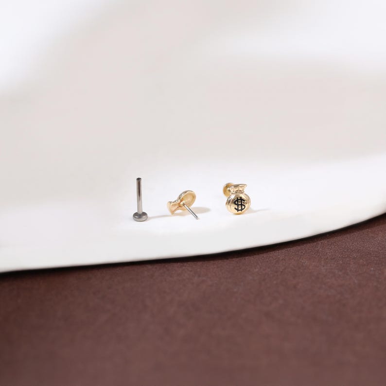 14K Solid Gold Money Bag Stud Earring/dollar Sign Threadless Push Pin ...