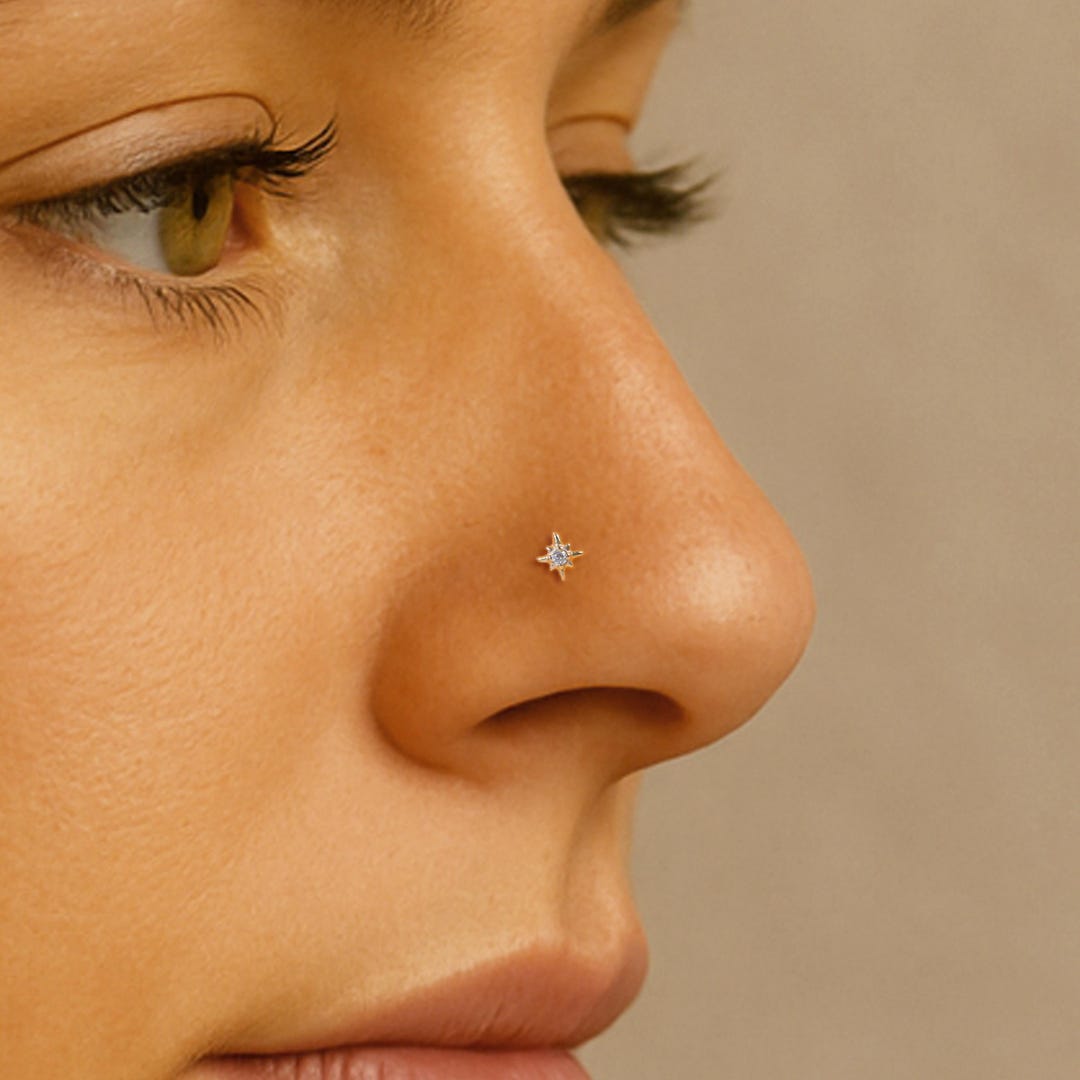 14K Solid Gold Diamond Star Nose Stud/l Shaped Celestial Nose Ring/s ...