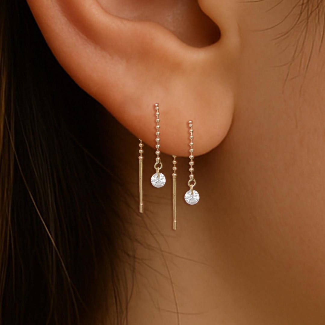 14K Solid Gold Clear CZ Beaded Chain Threader Earring/dangle Long Bean ...