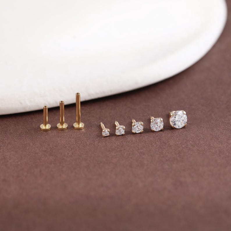 14K Solid Gold CZ Screw Back Stud Earring: Cartilage Lobe Conch ...